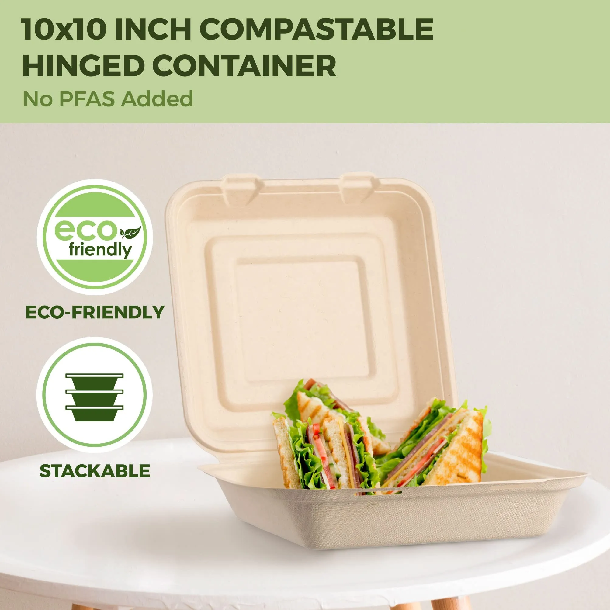 8 Inch Compostable Clamshell Hinged Container 3 Compartments Bagasse ...