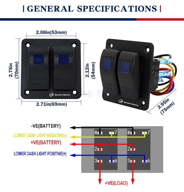 Genuine Marine 2 Gang Rocker Switch Panel - Buy Boat Accessory Rocker ...