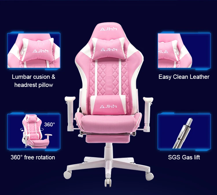 Ergonomic PU Gaming Chair - Pink Racing Style with Footrest