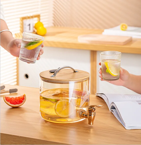 2600ml Wooden Lid Mini Glass Drink Beverage Dispenser Fruit Orange ...