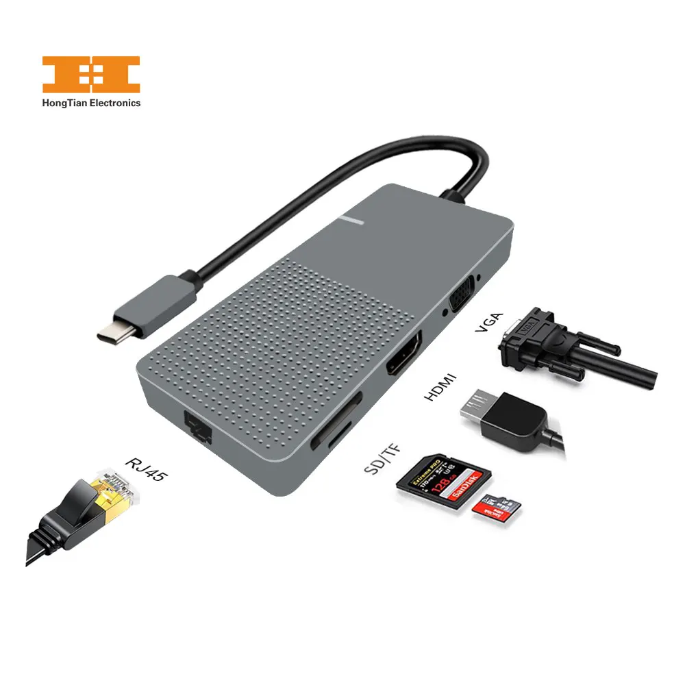 9in1 Usb C Hub With Rj45 1000m Hd-mi Vga Usb3.0x3 Tf Sd Card Reader Pd ...
