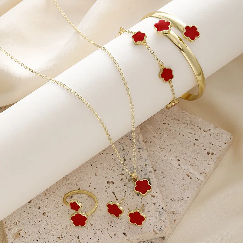 Lucky Five-Leaf Clover Enamel Bracelet Bangle Earrings