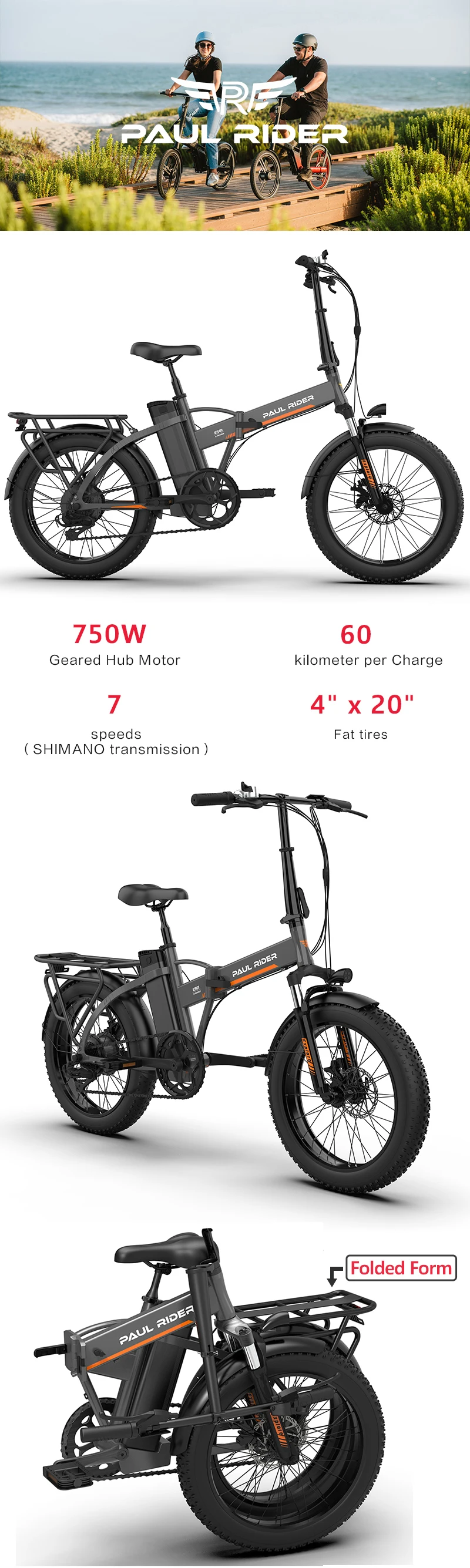 PAUL RIDER 750W Electric Bicycle - 20" Foldable E-Bike with Disc Brakes ...