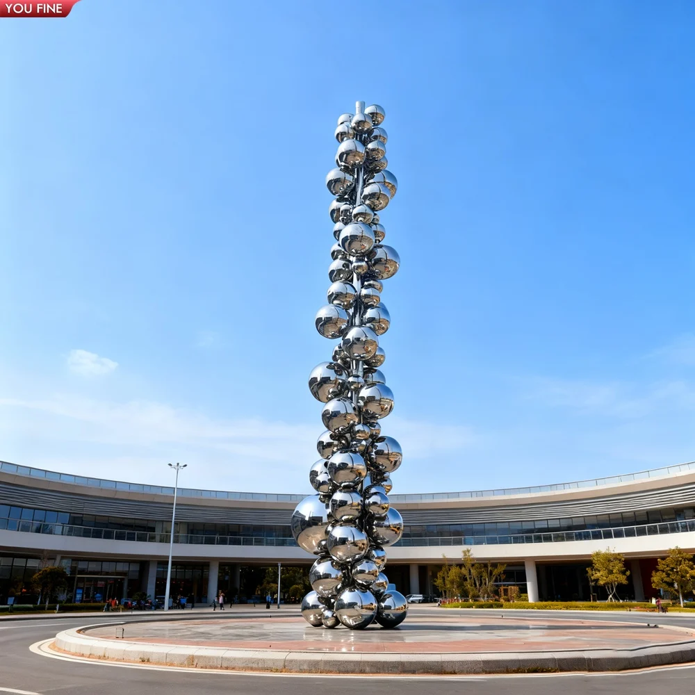 YOUFINE Large Stainless Steel Sphere Column Sculpture Modern Reflective ...