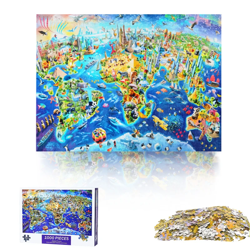 Cartoon World Landmarks Map Ocean Marine Animals Colorful Hd Print 1000 ...