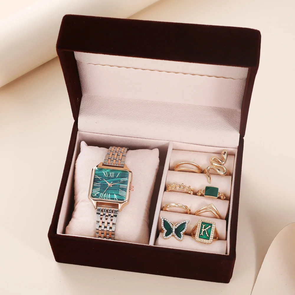Ladies Watch Small Green Watch Steel Band Quartz Watch + Ring Set Gift ...