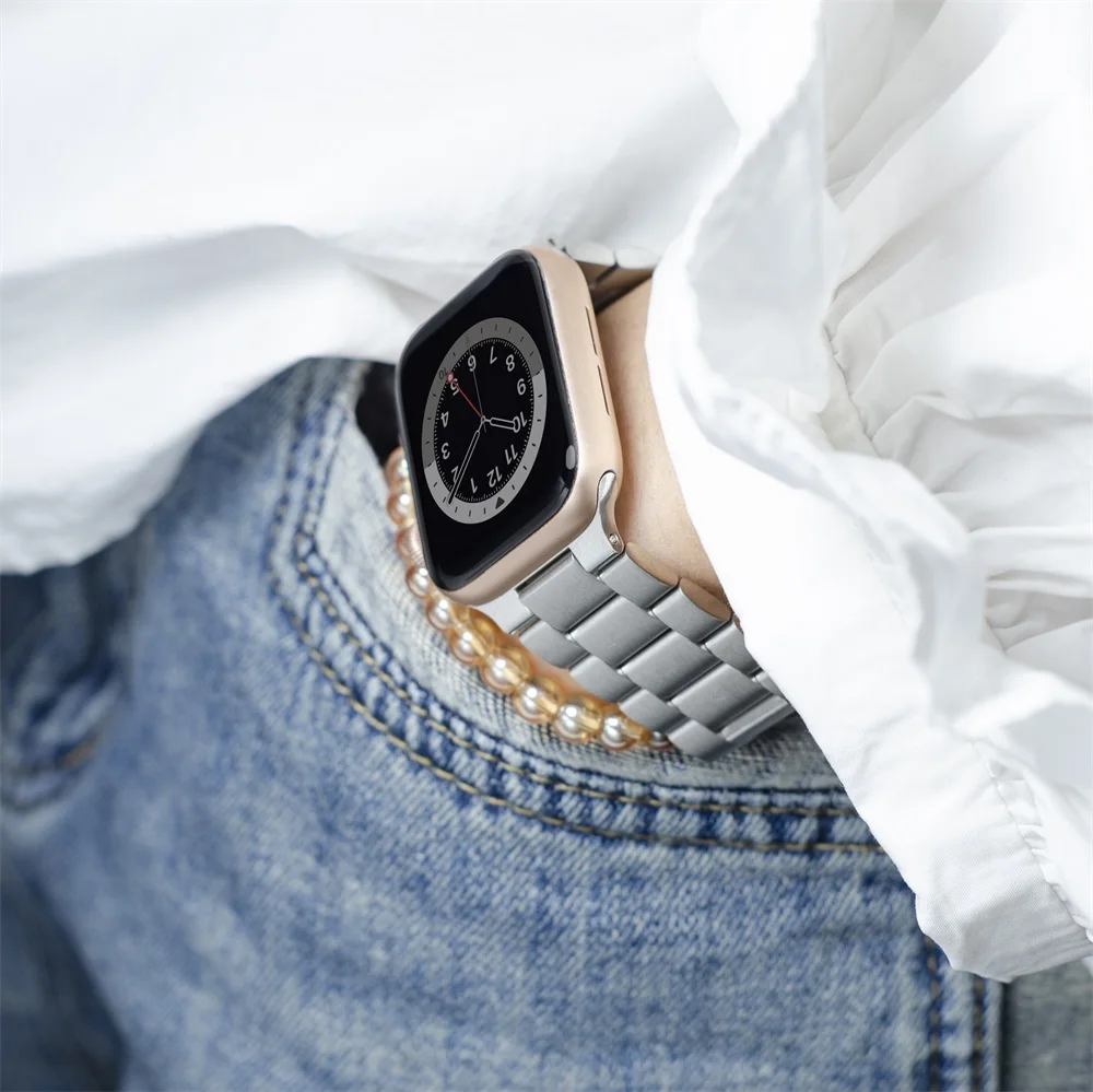 Classic Three Beads Stainless Steel Watch Band Solid Metal Link Watch ...