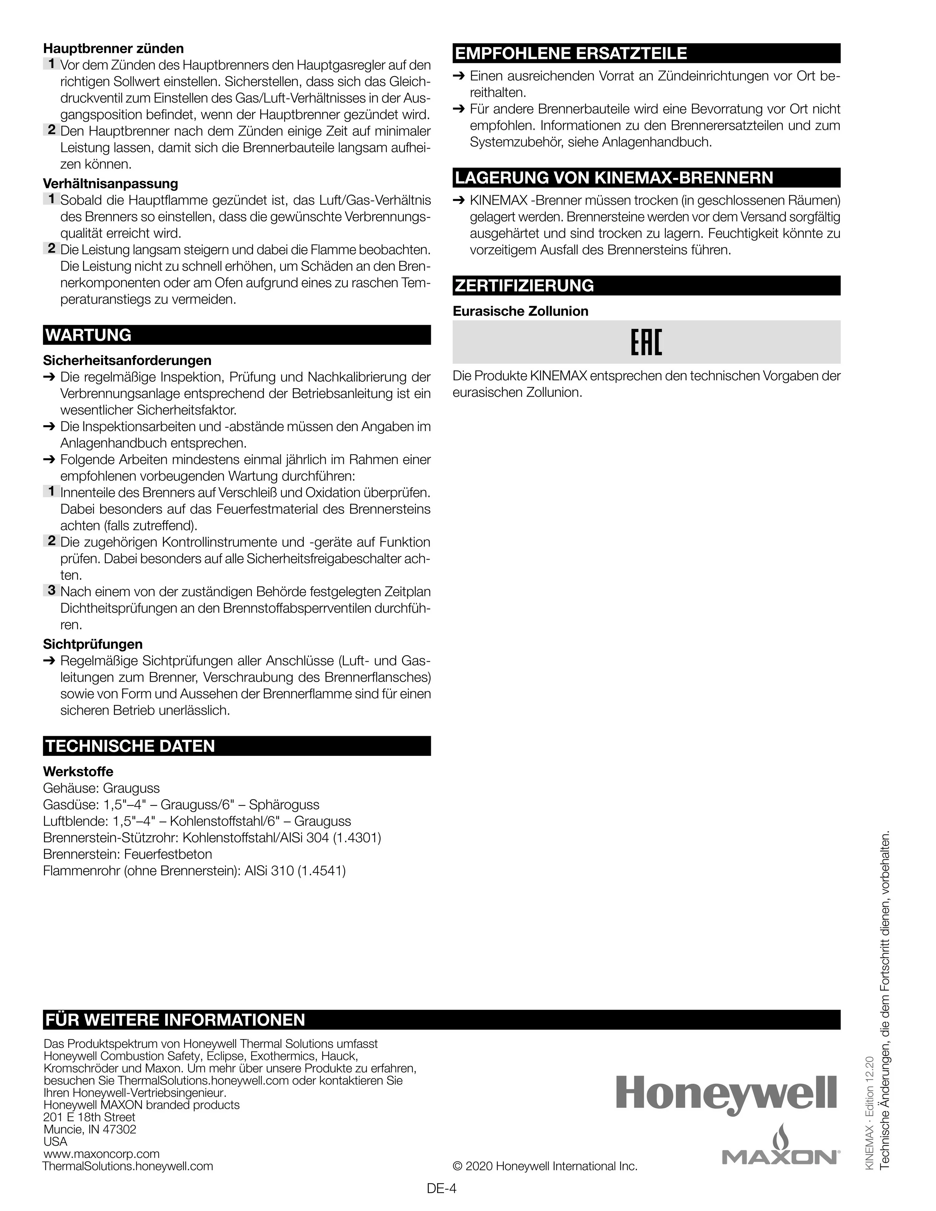 Honeywell MAXON GAS BURNER WITH MEDIUM EXIT SPEED KINEMAX 3G