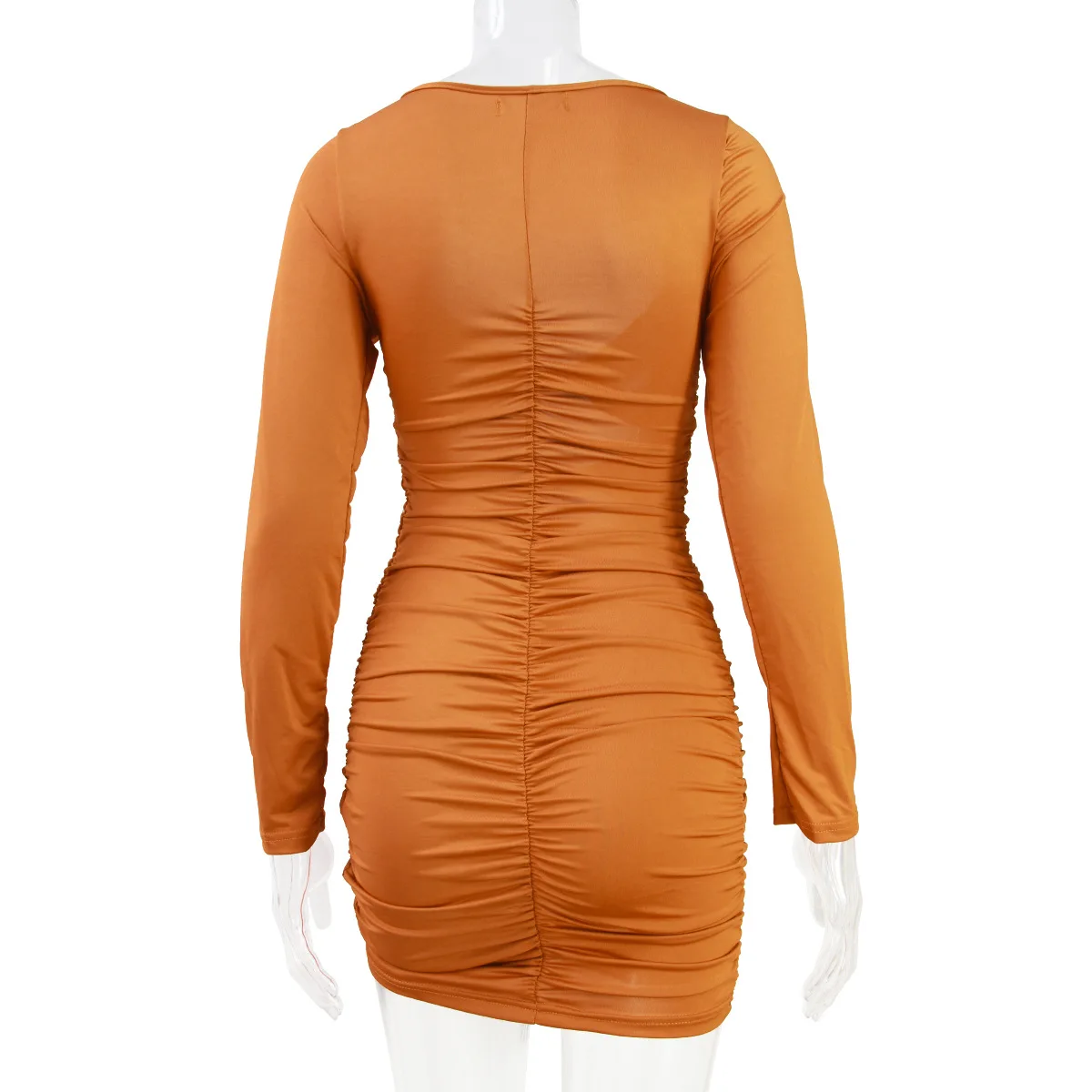 New Arrival Long Sleeve Deep V Neck Hollow Out Pleated Mini Sexy Female
