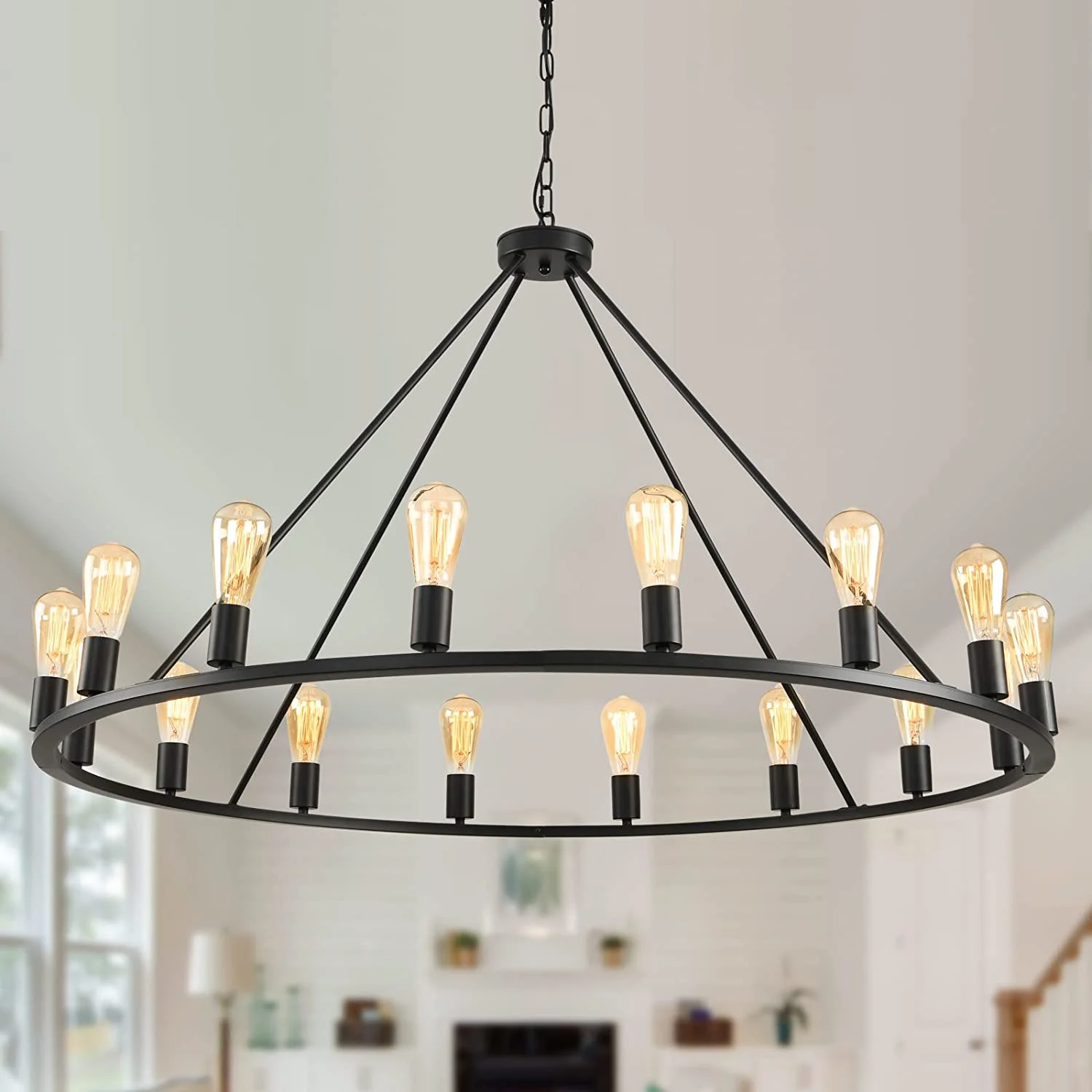 Farmhouse Chandelier - Rustic Iron Wagon Wheel Light Fixture