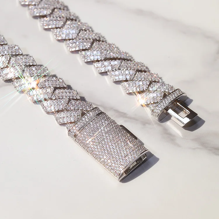 Luxury Hip Hop Chain 20mm Wide Silver Necklace VVS Moissanite Baguette ...