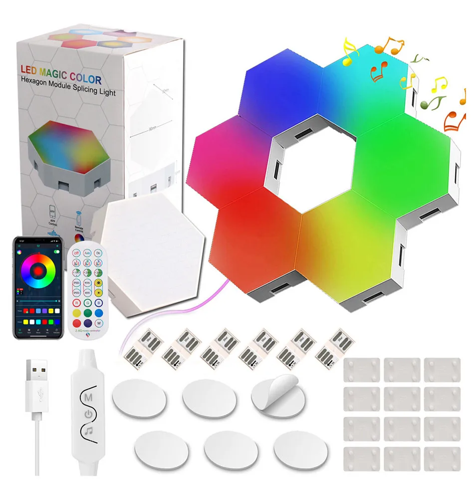 Smart App Remote Control Led Hexagon Lights Rgb Color Changing Wall ...