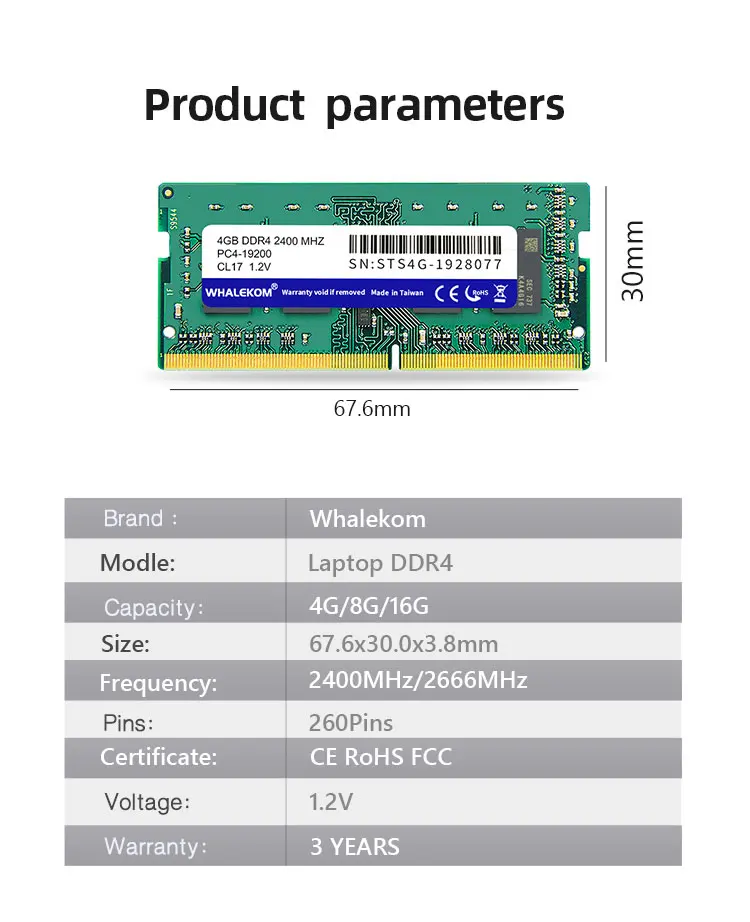 WHALEKOM FCC CE Wholesale Desktop CPU Original DDR4 Memory RAM 4GB On ...