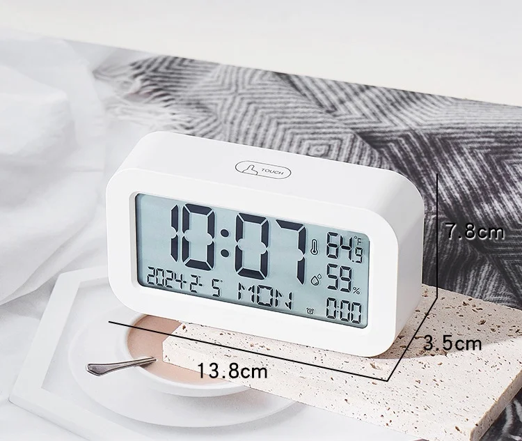 White Simple Touch LCD Alarm Clock Multifunctional & Luminous Fashion ...