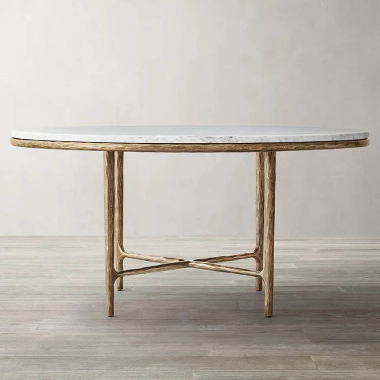 Luxury Thaddeus Marble Round Dining Table Forged Metal Hammered Finishes Round Frame Dining ...