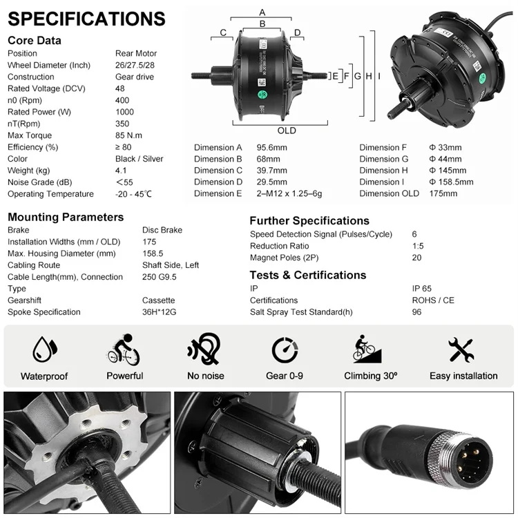 48V 1000W Bafang Rear Hub Motor - High Efficiency E-Bike Power