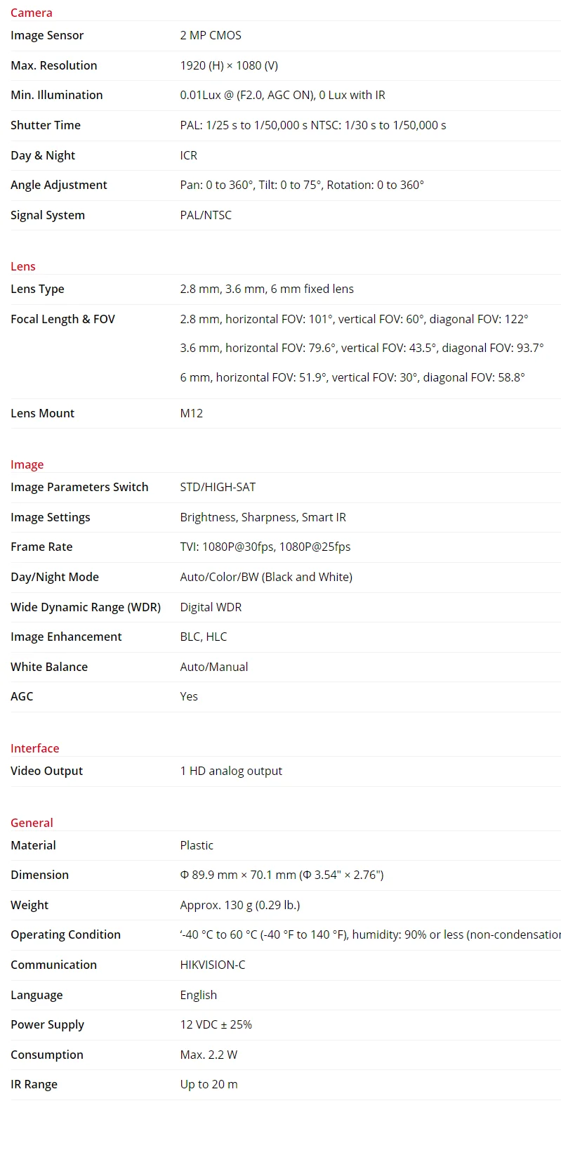 Hik Turbo HD 2MP Indoor Turret Camera - 20m IR Night Vision