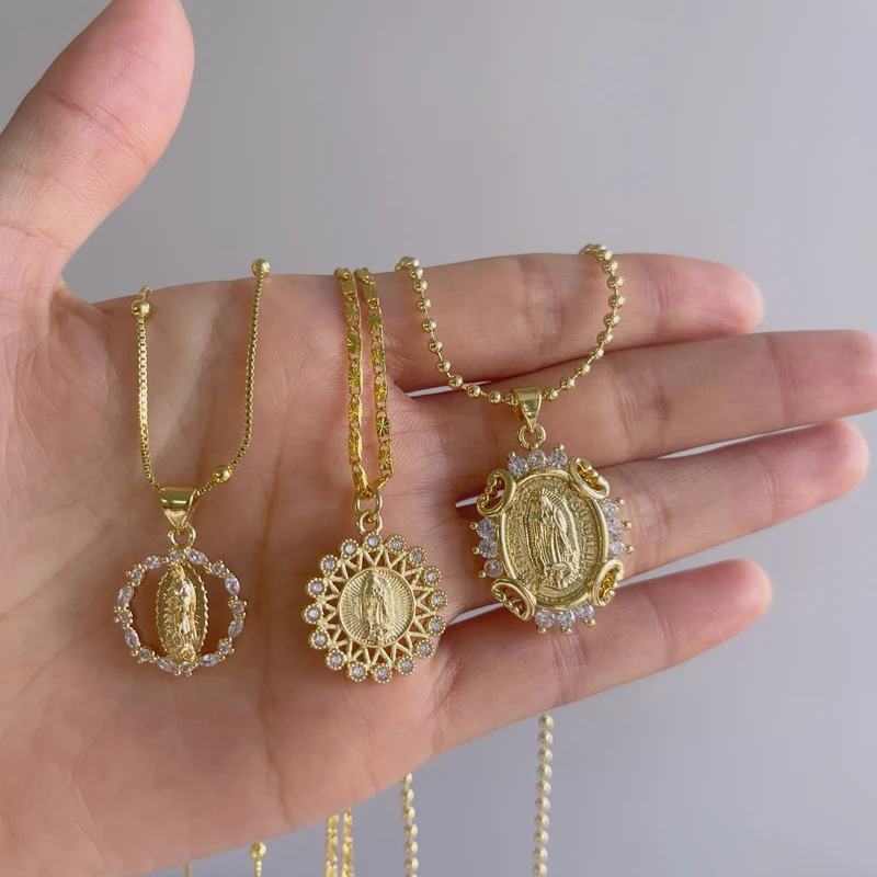 Religious Necklace Pendant CZ Gold Plated Virgin Mary Chain