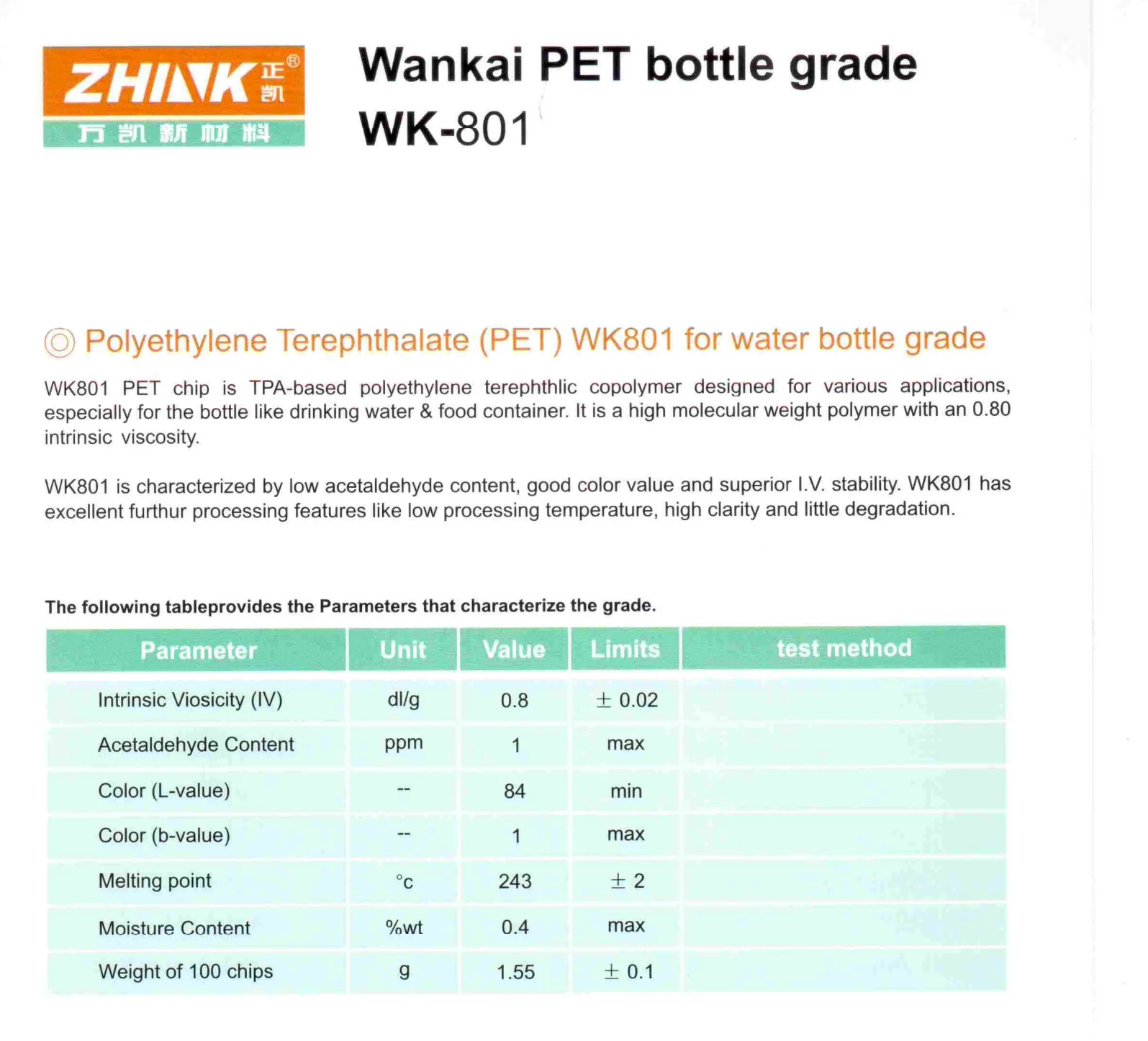 Polyethylene Terephthalate Wankai Brand Water Grade Virgin PET Flakes ...