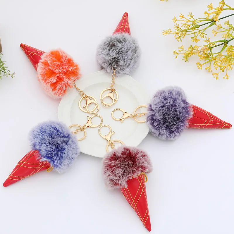 2024 Custom Fluffy Fur Ice Cream Keychain Cute Pompom Puffball Key ...
