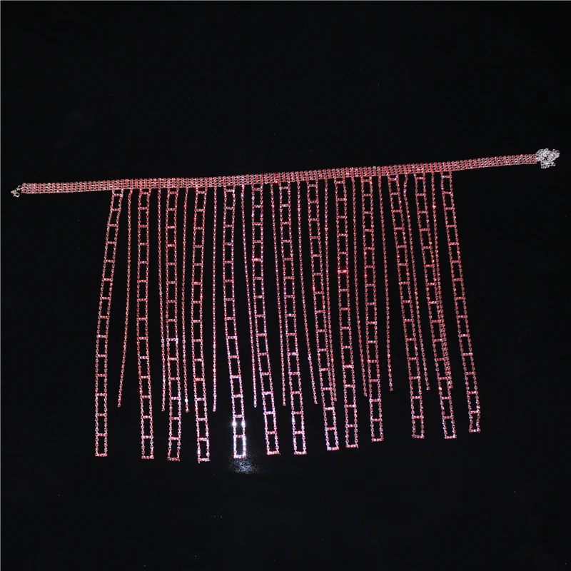 Sexy Red Rhinestone Crystal Tassel Body Chain Long Skirt Dance Waist