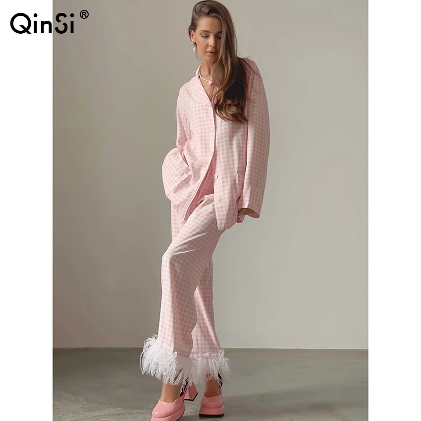 Qinsi High Waist Double Pockets Women Sets Long Sleeve Single-breasted ...