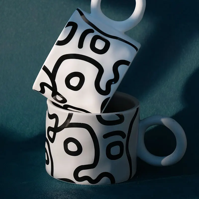 Nordic Large Capacity Abstract Graffiti Ceramic Mug Office Coffee Milk ...