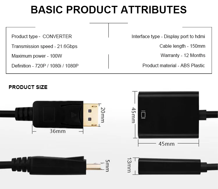High Quality Displayport Male To Hdtv Female Converter Cable Dp To Hdtv ...