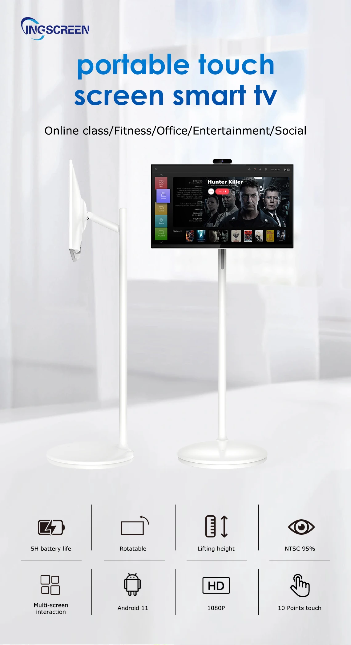 INGSCREEN 24 Inch Portable Smart Screen on Wheels 1080P Interactive ...