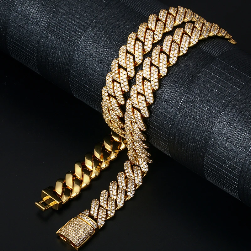 Iced Out 14mm Cuban Link Chain Necklace - 18K & 14K Gold Plated, 5A ...
