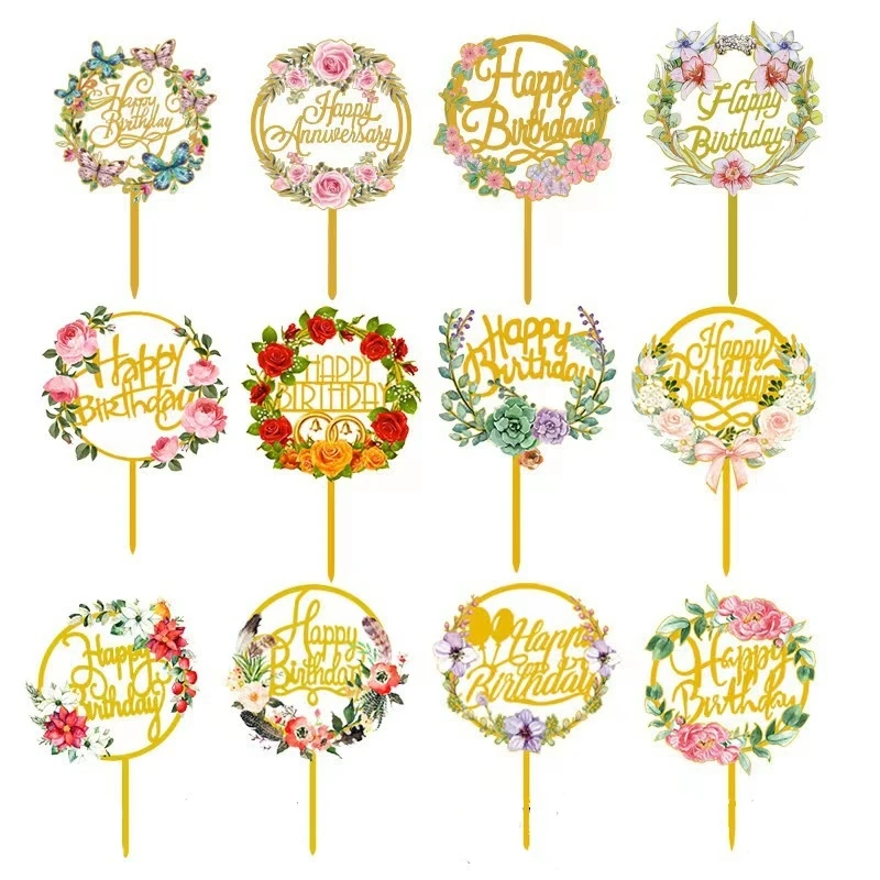 Factory Price Acrylic Happy Birthday Flower Cake Topper Art Font Cake ...