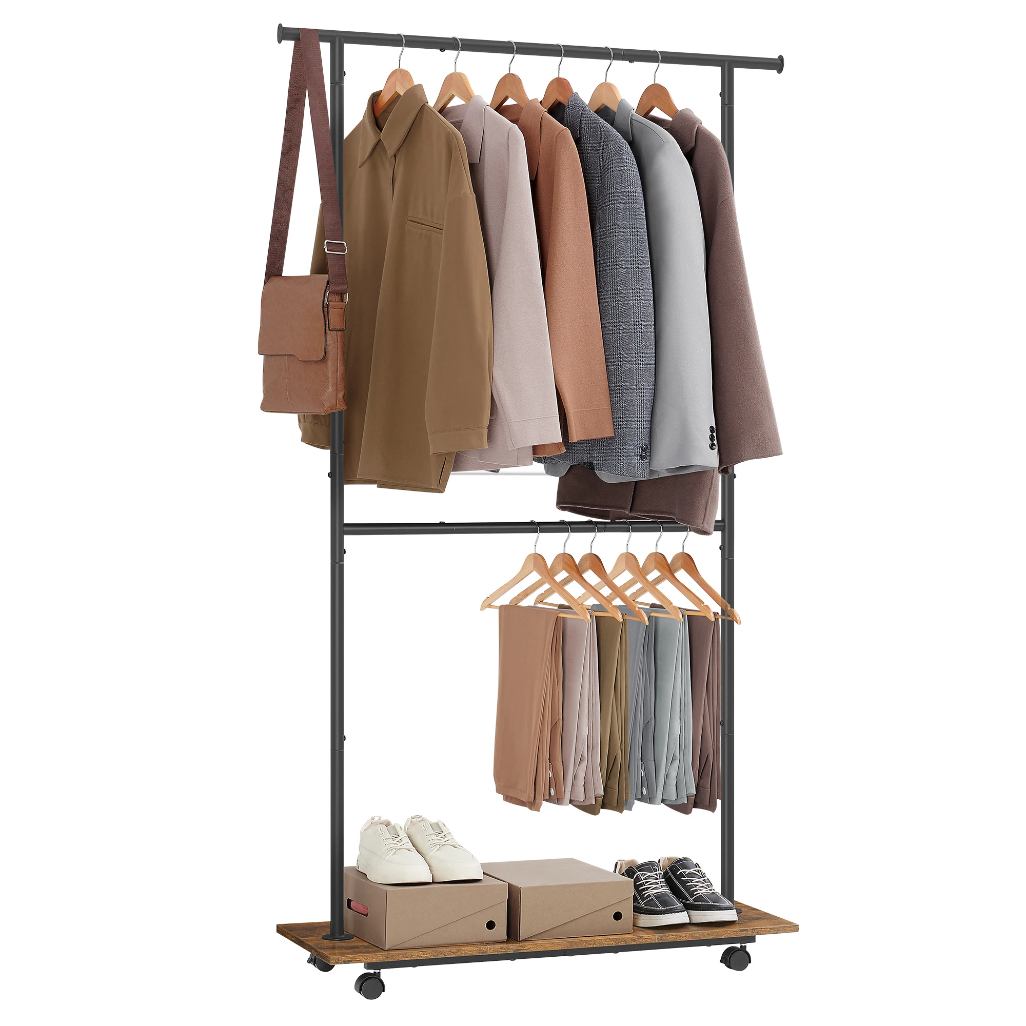 SONGMICS Clothes Rail on Wheels Double Clothes Hanging Rail with Middle ...