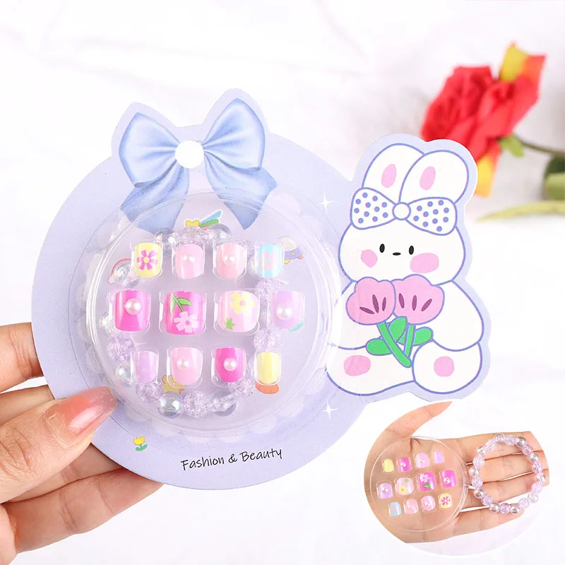 12pcs/box Rabbit Cartoon Ring Flower Strawberry Pink False Nail Tips ...