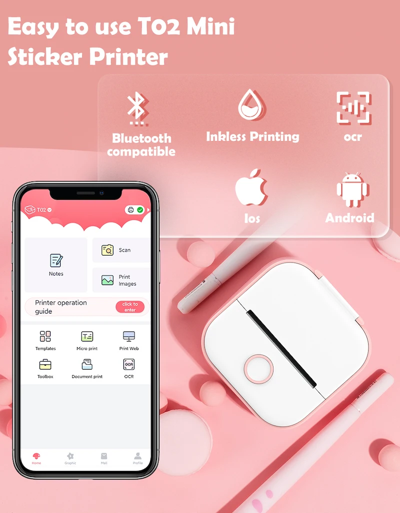 Mini Thermal Printer Phomemo T02 Wireless Mini Pocket Label Notes ...