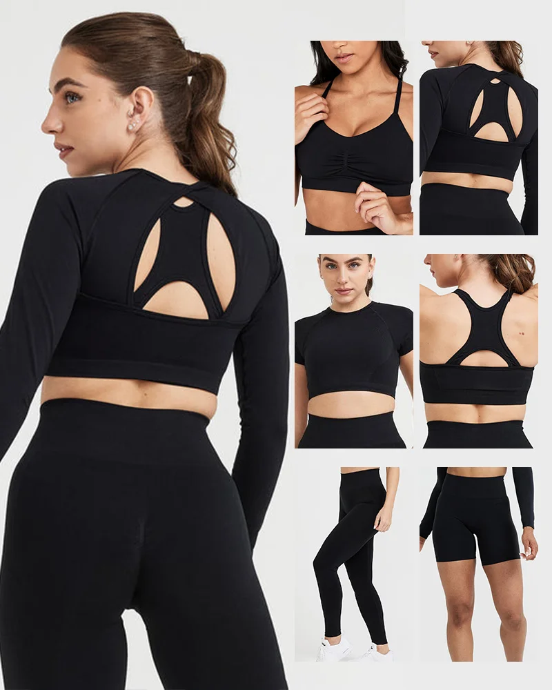 Wholesale 5 Piece Sets Long & Short Sleeve Yoga Wear Sports Bra Leggings Seamless Gym Fitness ...