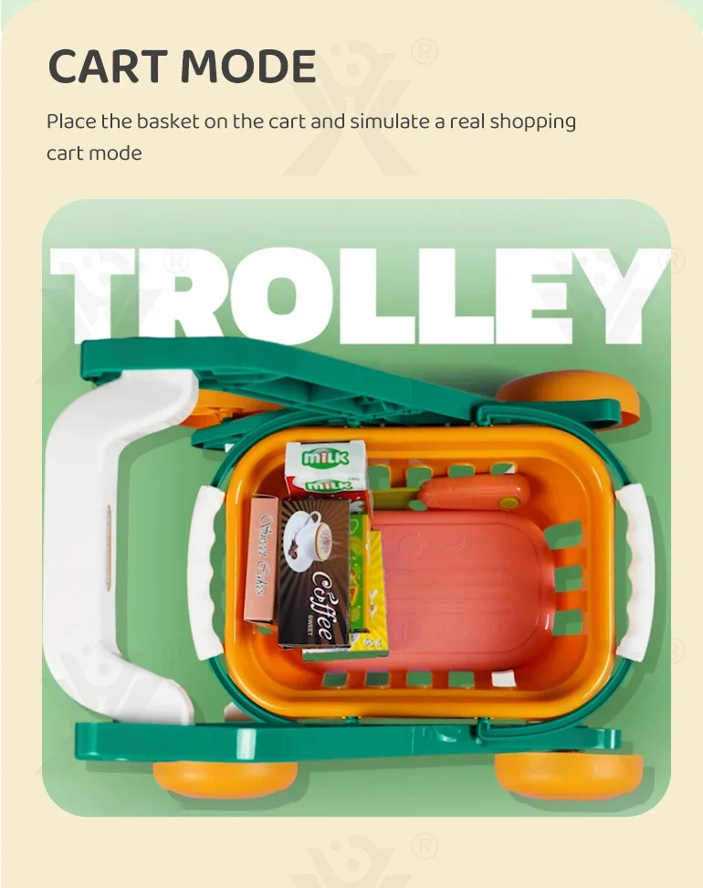 Children's 2 in 1 Pretend Play 43pcs Plastic Mini Supermarket Trolley ...