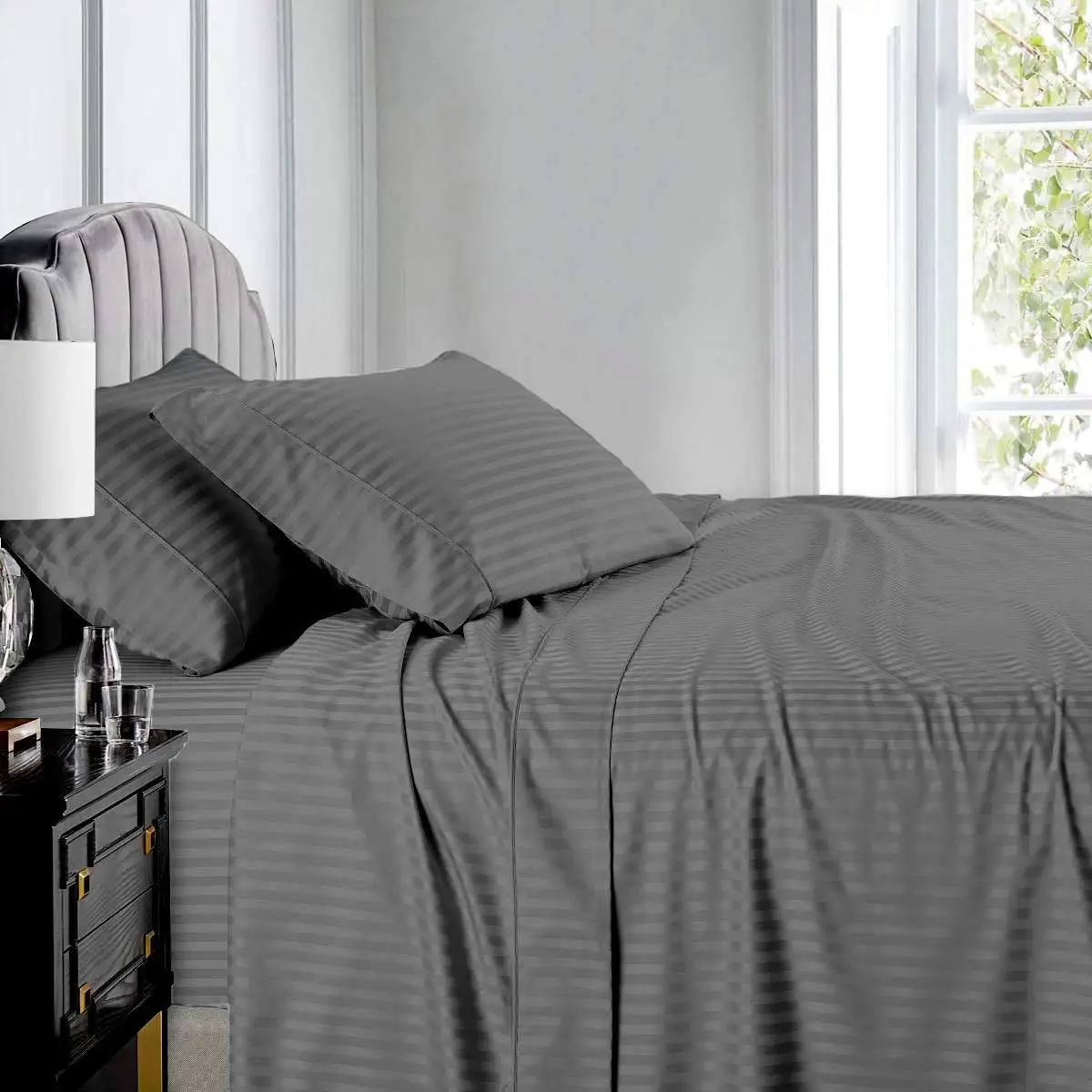 Customized Size Dark Grey Color Cotton Stripe Hotel Bed Sheet Set Flat ...