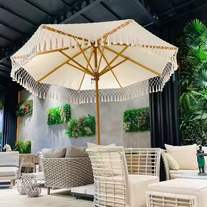 Free Logo Wooden Pole Canvas Pool Sun Parasol Umbrella With Tassels ...