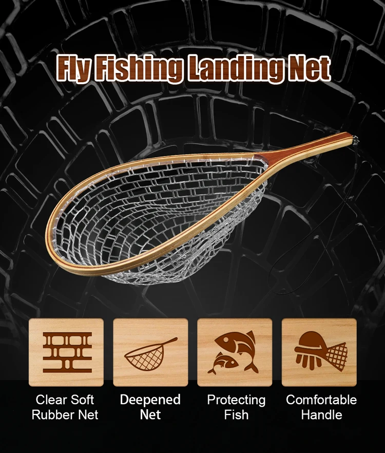 Honoreal Trout Fishing Net - Soft Rubber Mesh & Wooden Frame