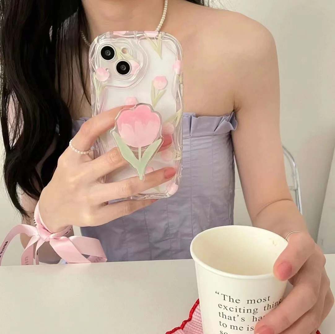Cute Pink Tulip Flower Bracket Clear Soft Phone Case For IPhone 15 14 ...
