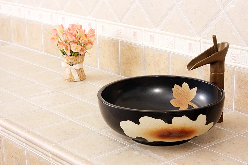 Embossed Lotus Europe Style Counter Top Basin Round Black Matt Art ...