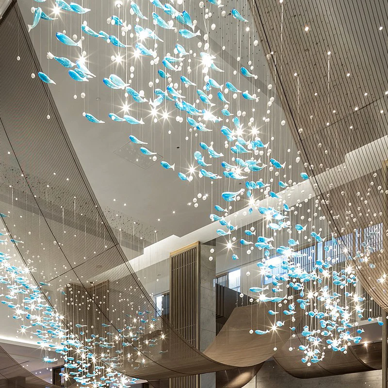 Modern Art Grand Glass Fish Chandeliers for Foyer & Banquet Hall