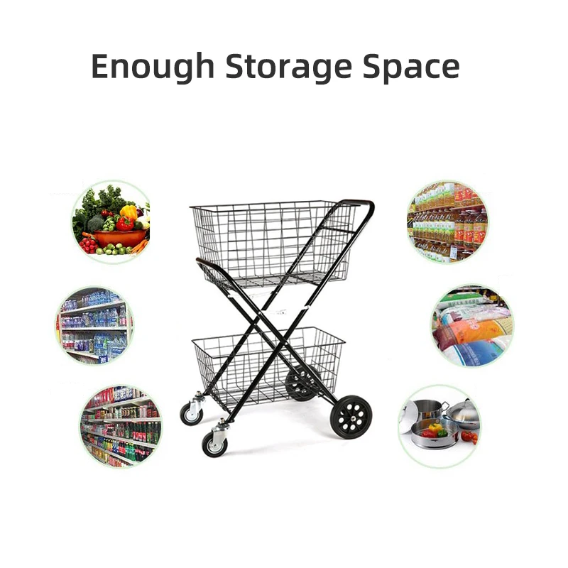 Iron Double Basket Folding Shopping Cart with Wheels - OEM/ODM