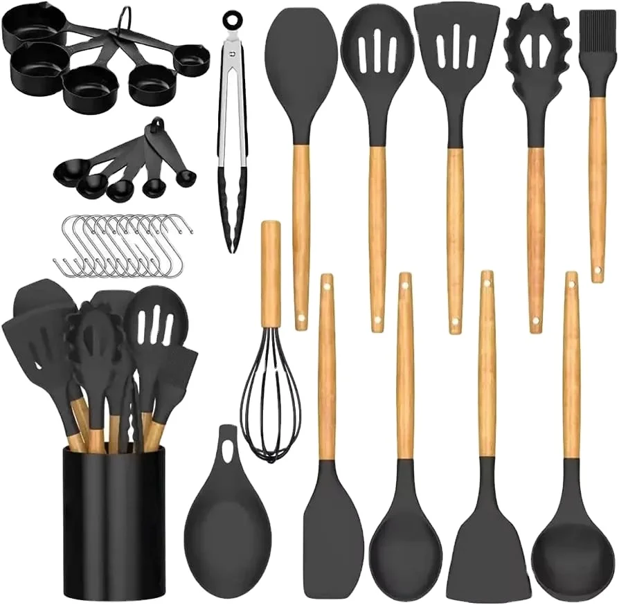 33-piece Kitchen Utensil Set Multi-function Wooden Handle Silicone ...