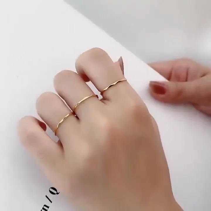 Minimalistic 1mm Titanium Steel Texture Tiny Stacking Rings No Fade 18k Real Gold Plated Thin ...