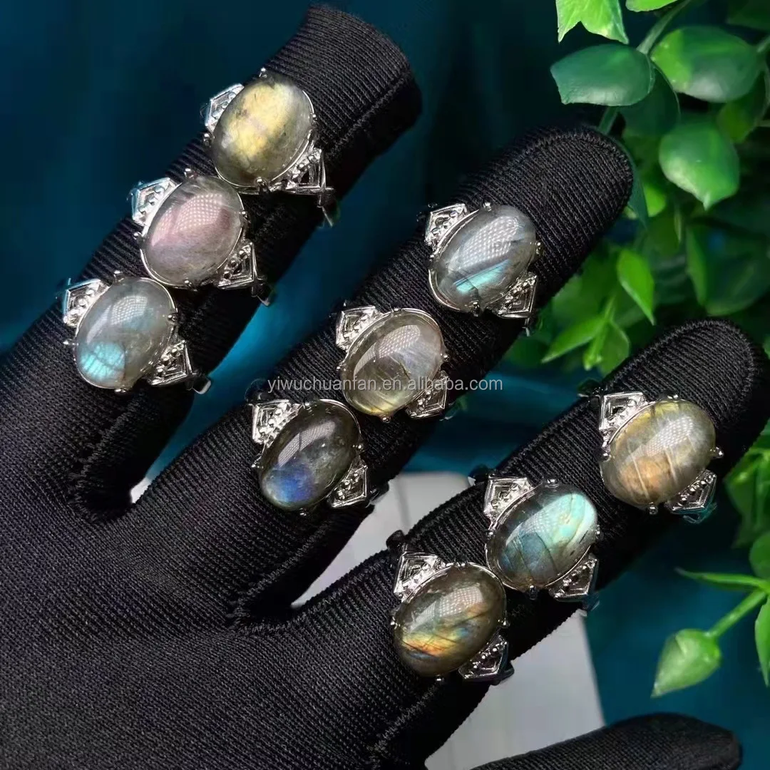 100% Natural Stone Moonstone Labradorite Ring For Women Temperament Charm Silver Finger ...