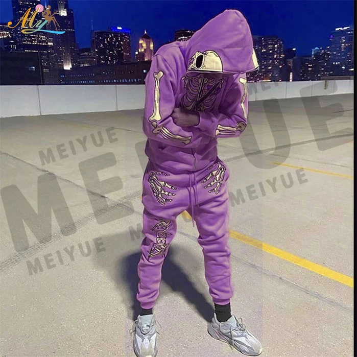 Custom Embroidery Skeleton Sweatsuit Full Face Zip Hoodie And ...