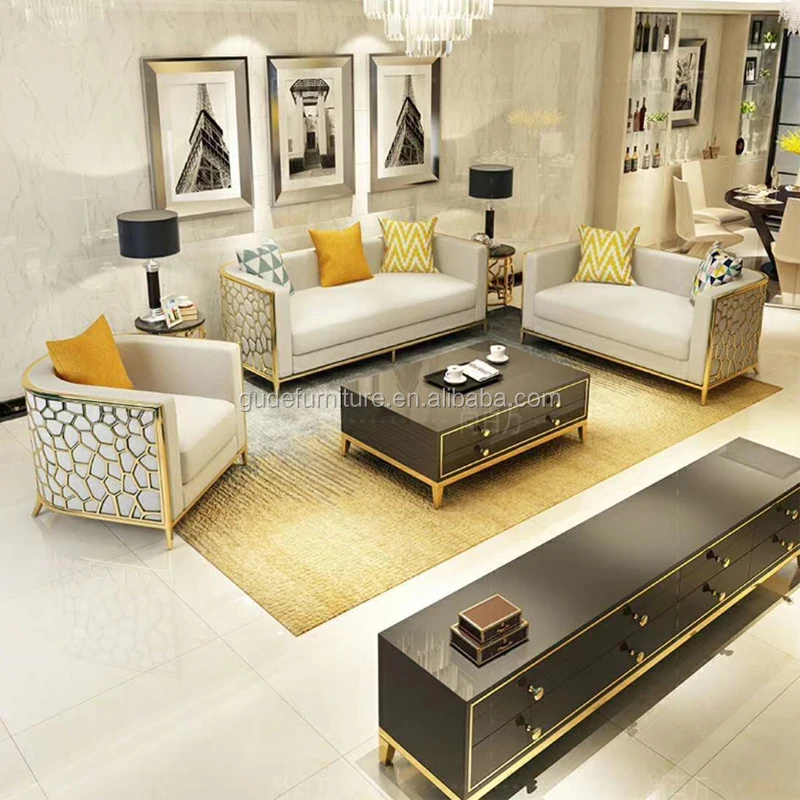 Light Luxury Fabric Metal Face Gold Stainless Steel Living Room ...