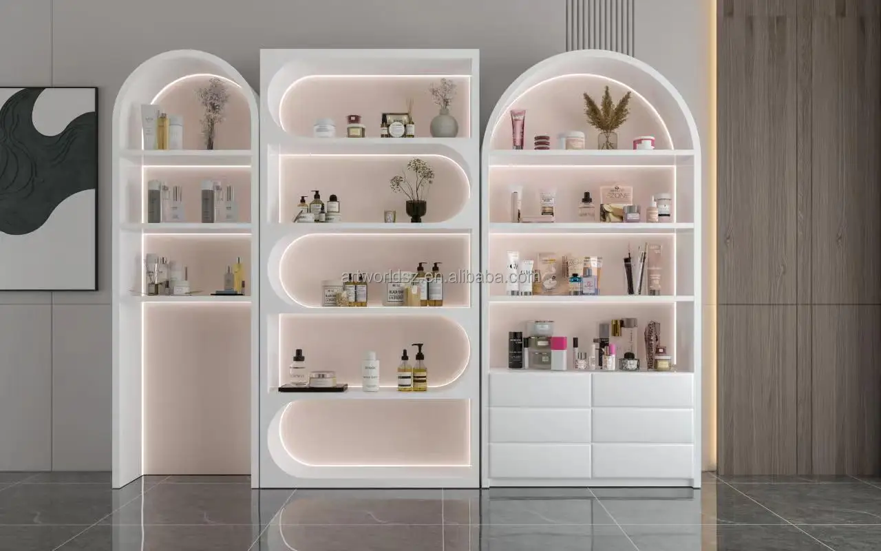 White Retail Display Shelf with LED Light - Custom MDF Cabinet for ...