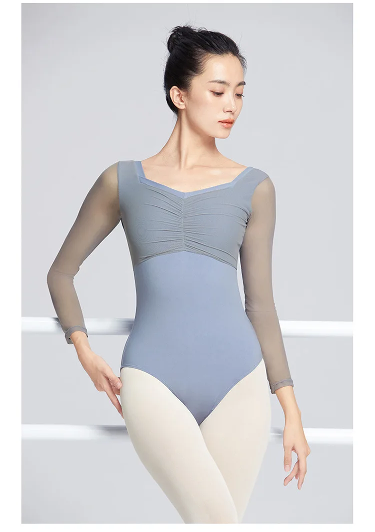 Front Pinched Leotard Long Sleeve Mesh Leotards for Women
